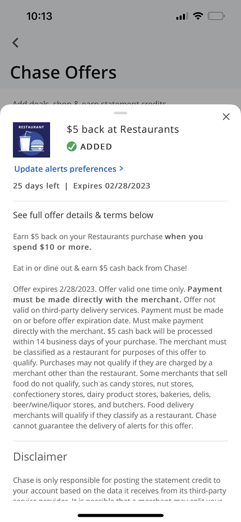 [Chase offer 2/4/2023] Restaurants $10-$5 - 信用卡 - 美卡论坛